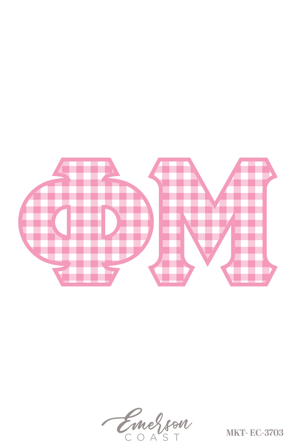 Phi Mu Pink Gingham Greek Letters Tee for Sorority Style - Emerson Coast