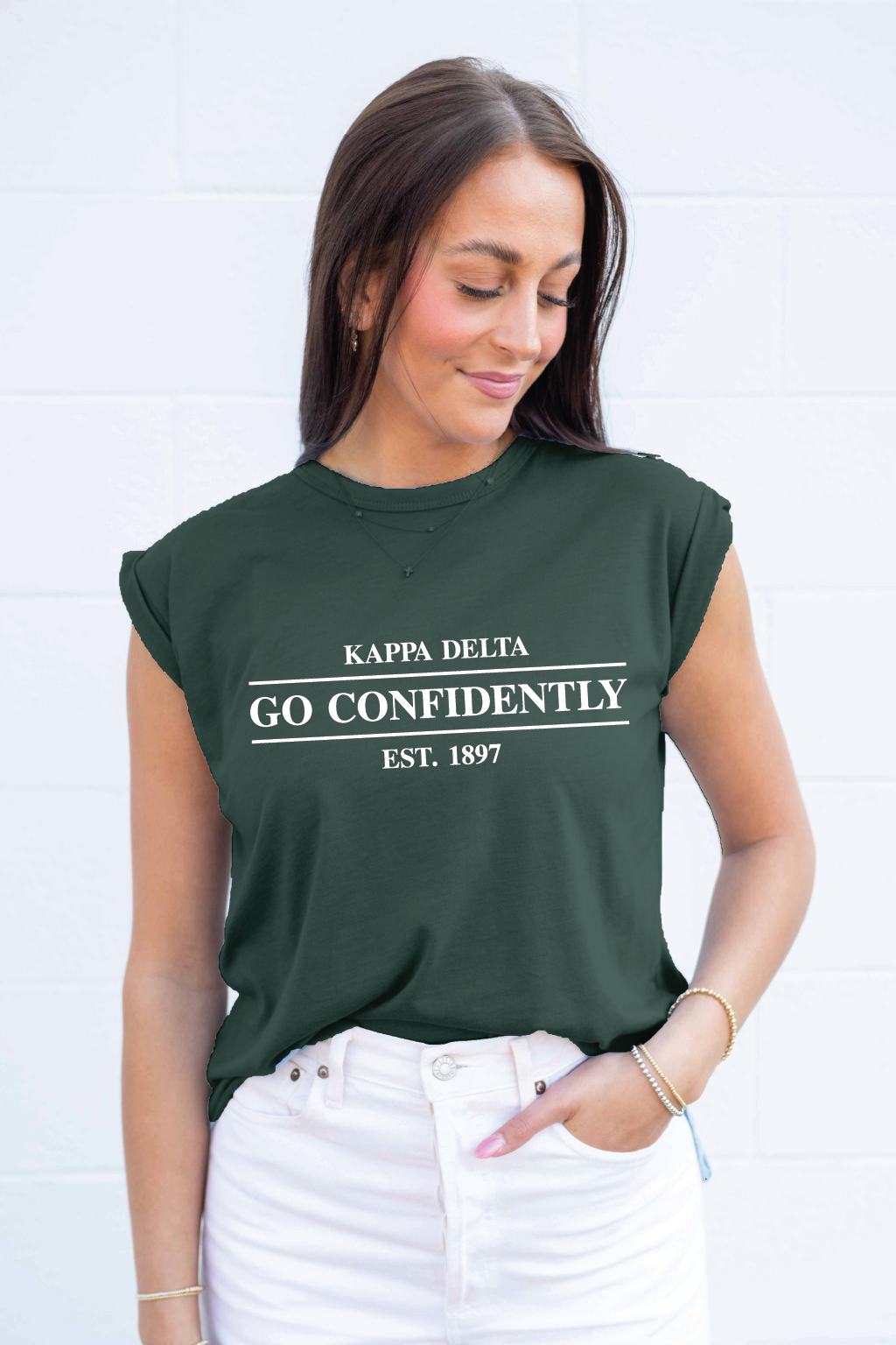 Kappa Delta Go Confidently Dark Green Rolled Cuff Tee - Emerson Coast
