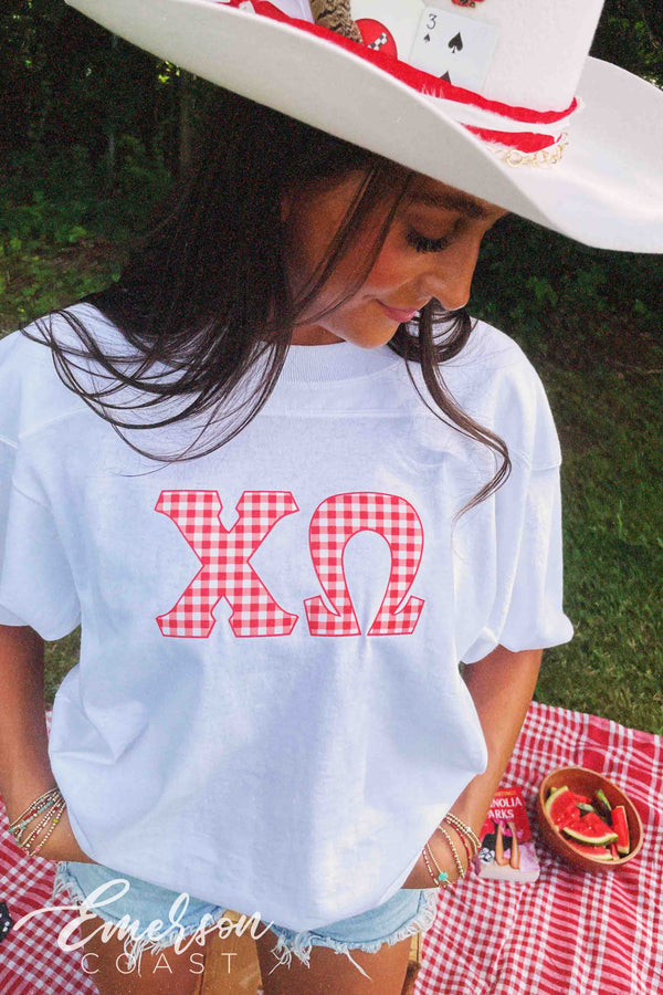 Chi O Gingham Print Letter Jersey - Emerson Coast
