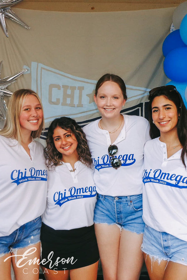 Chi Omega White Wish Week Henley - Emerson Coast