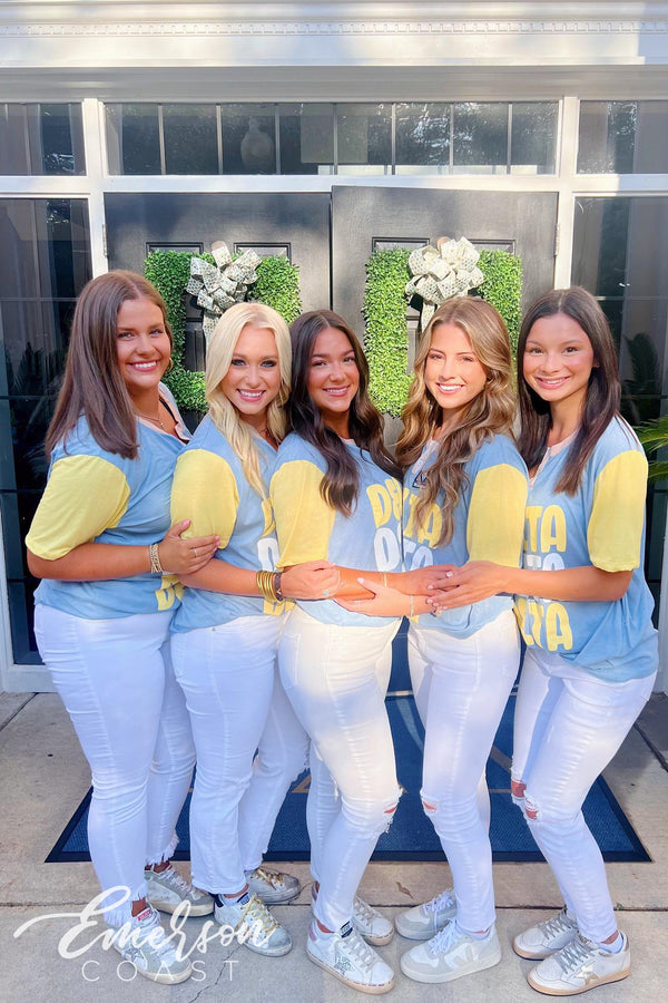 Delta Delta Delta Blue and Yellow Colorblock Henley - Emerson Coast