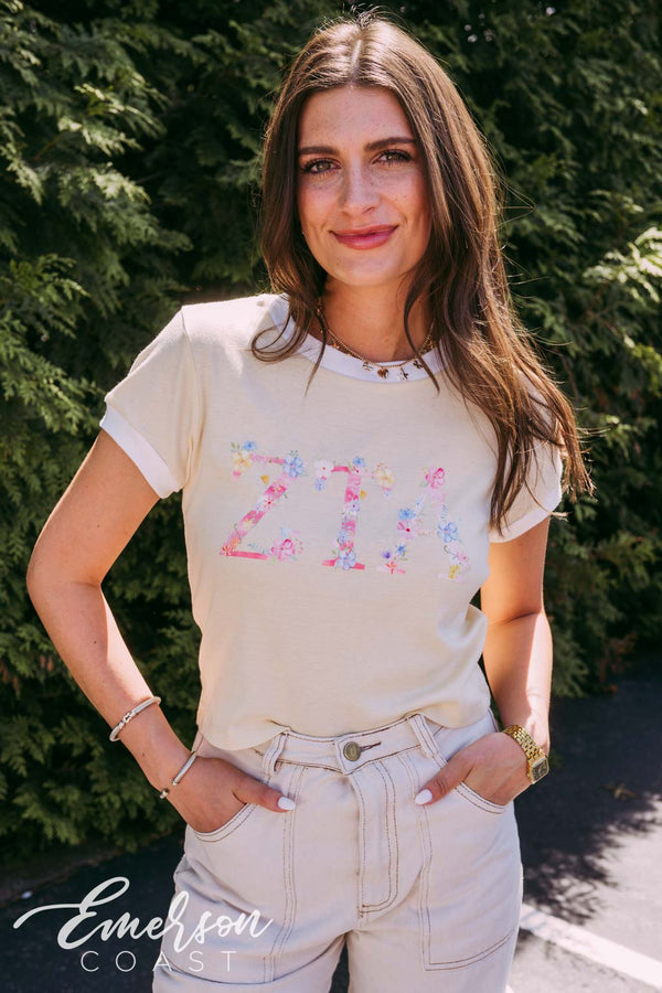 ZTA Floral Letters Cream Baby Ringer Tee - Emerson Coast