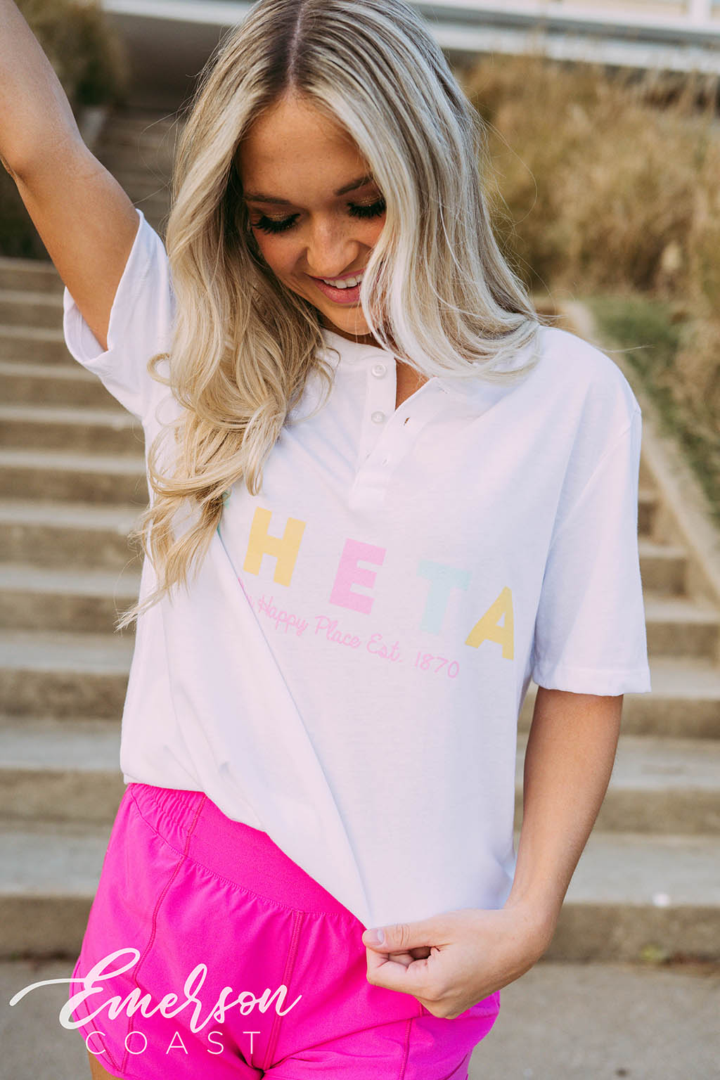 Kappa Alpha Theta PR Colorful Letters Henley Tee - Emerson Coast