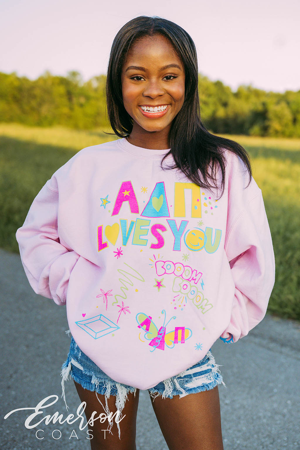 Alpha Delta Pi PR Doodle Pink Crewneck - Emerson Coast