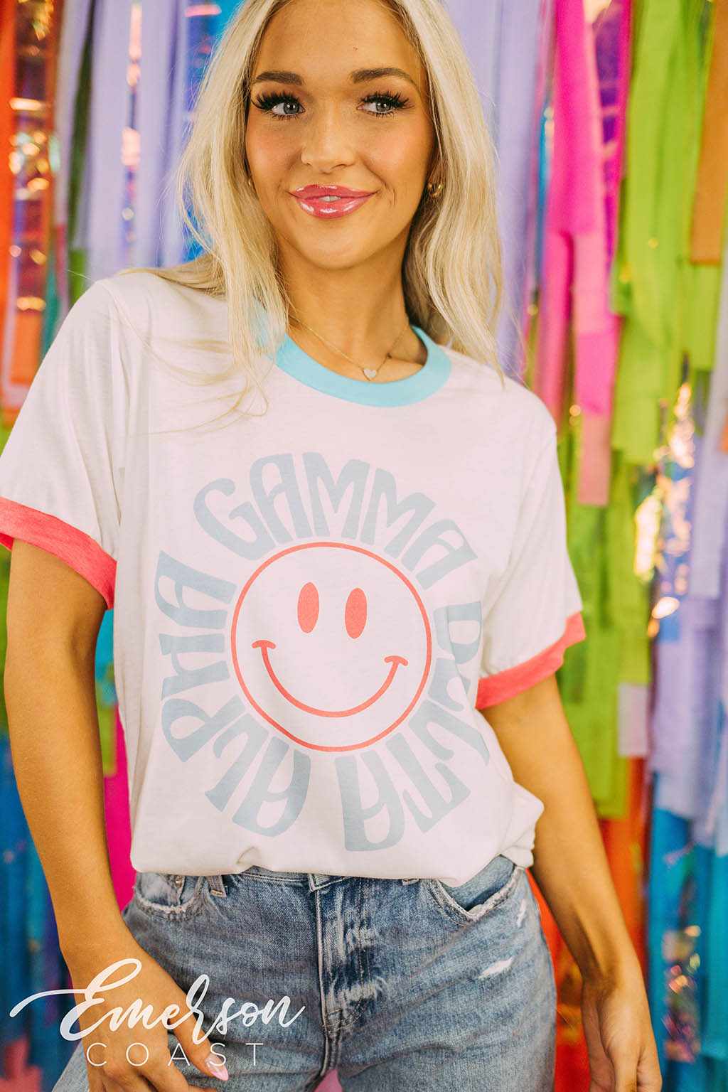 Alpha Gamma Delta Recruitment Smiley Face Ringer - Emerson Coast