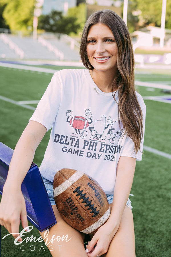 Delta Phi Epsilon Game Day Football Cartoon Characters Tee - Emerson Coast