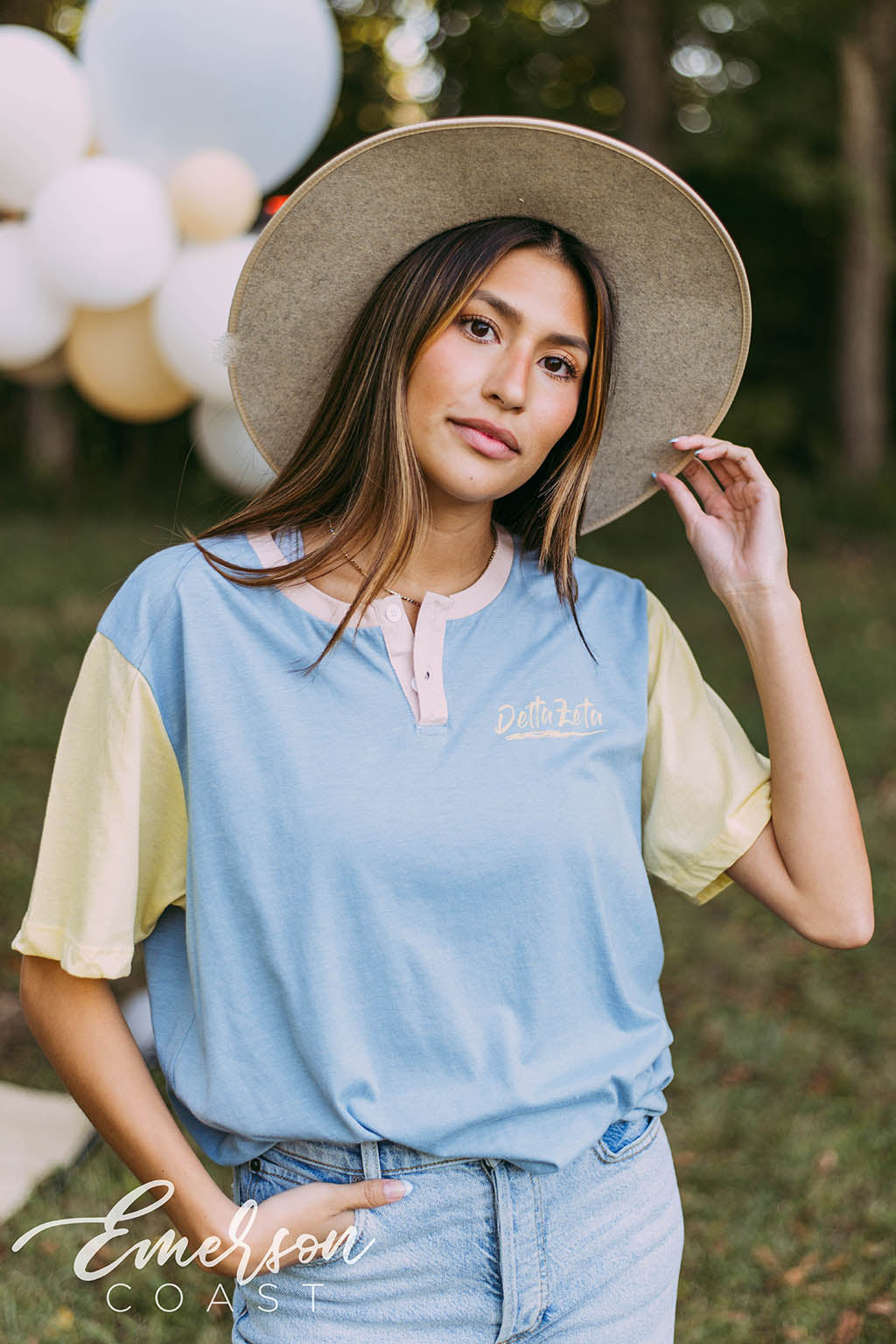 Delta Zeta Light Blue and Yellow Colorblock Henley - Emerson Coast
