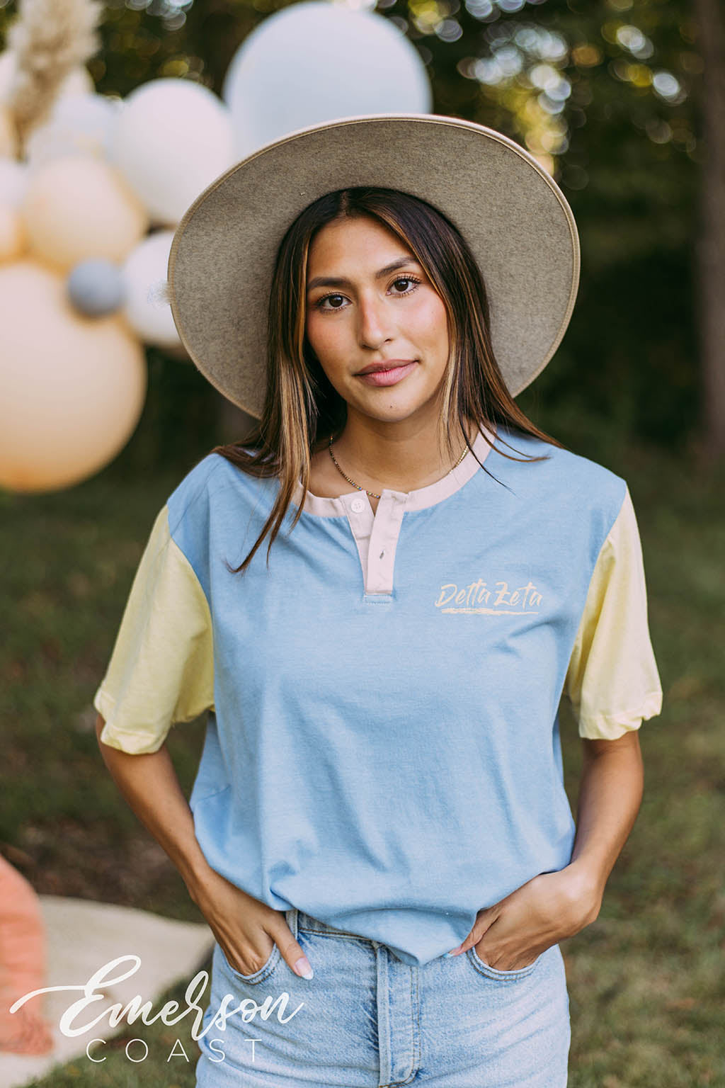 Delta Zeta Light Blue and Yellow Colorblock Henley - Emerson Coast