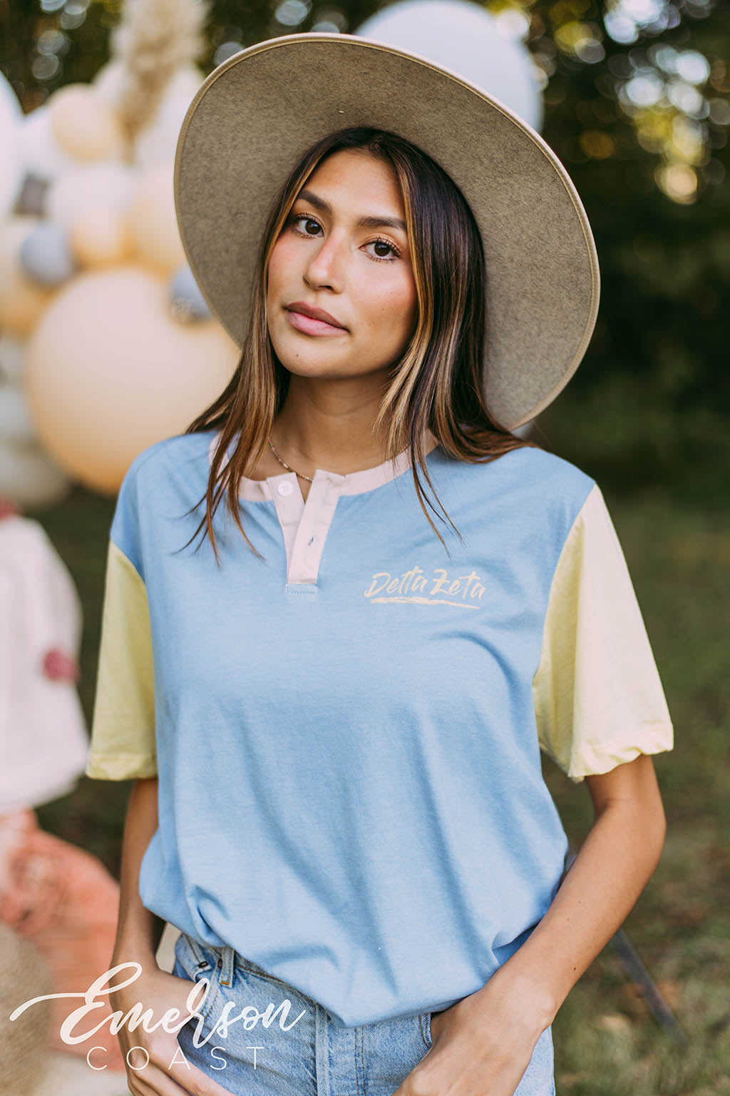 Delta Zeta Light Blue and Yellow Colorblock Henley - Emerson Coast