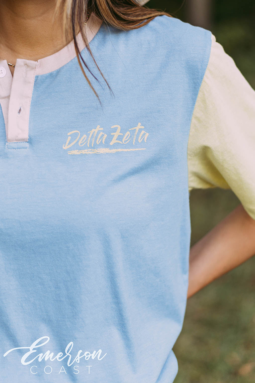 Delta Zeta Light Blue and Yellow Colorblock Henley - Emerson Coast