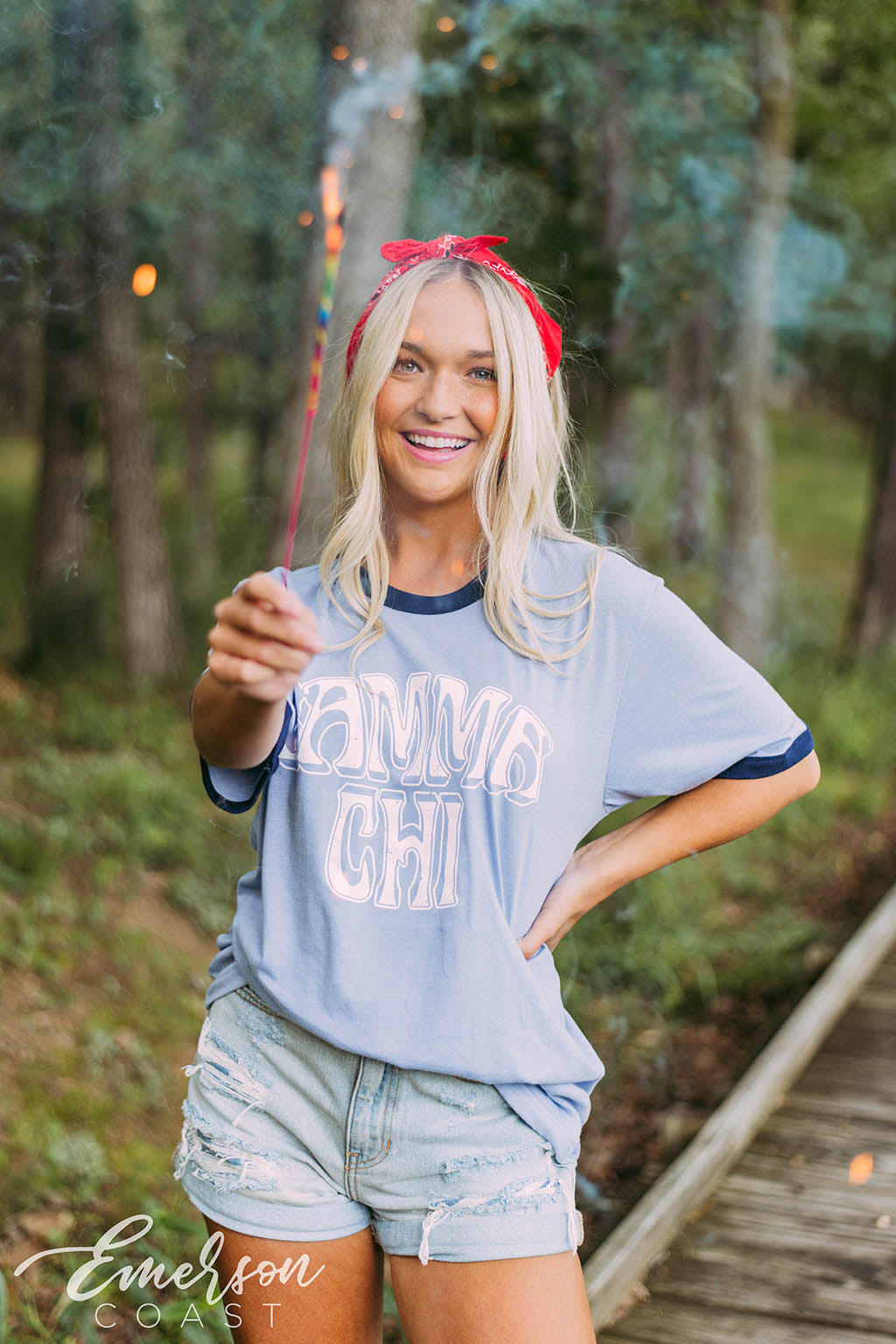 Gamma Chi Retro Blue Ringer Tee - Emerson Coast