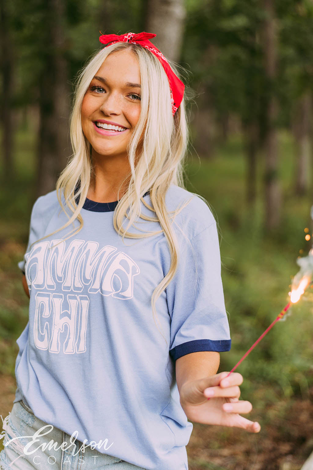 Gamma Chi Retro Blue Ringer Tee - Emerson Coast