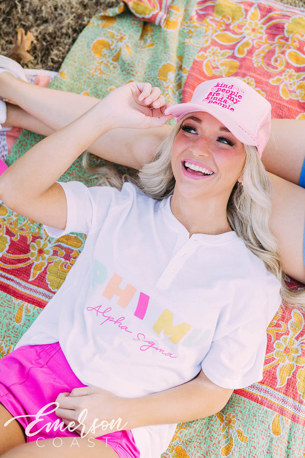 Phi Mu PR Colorful Letters Henley Tee - Emerson Coast