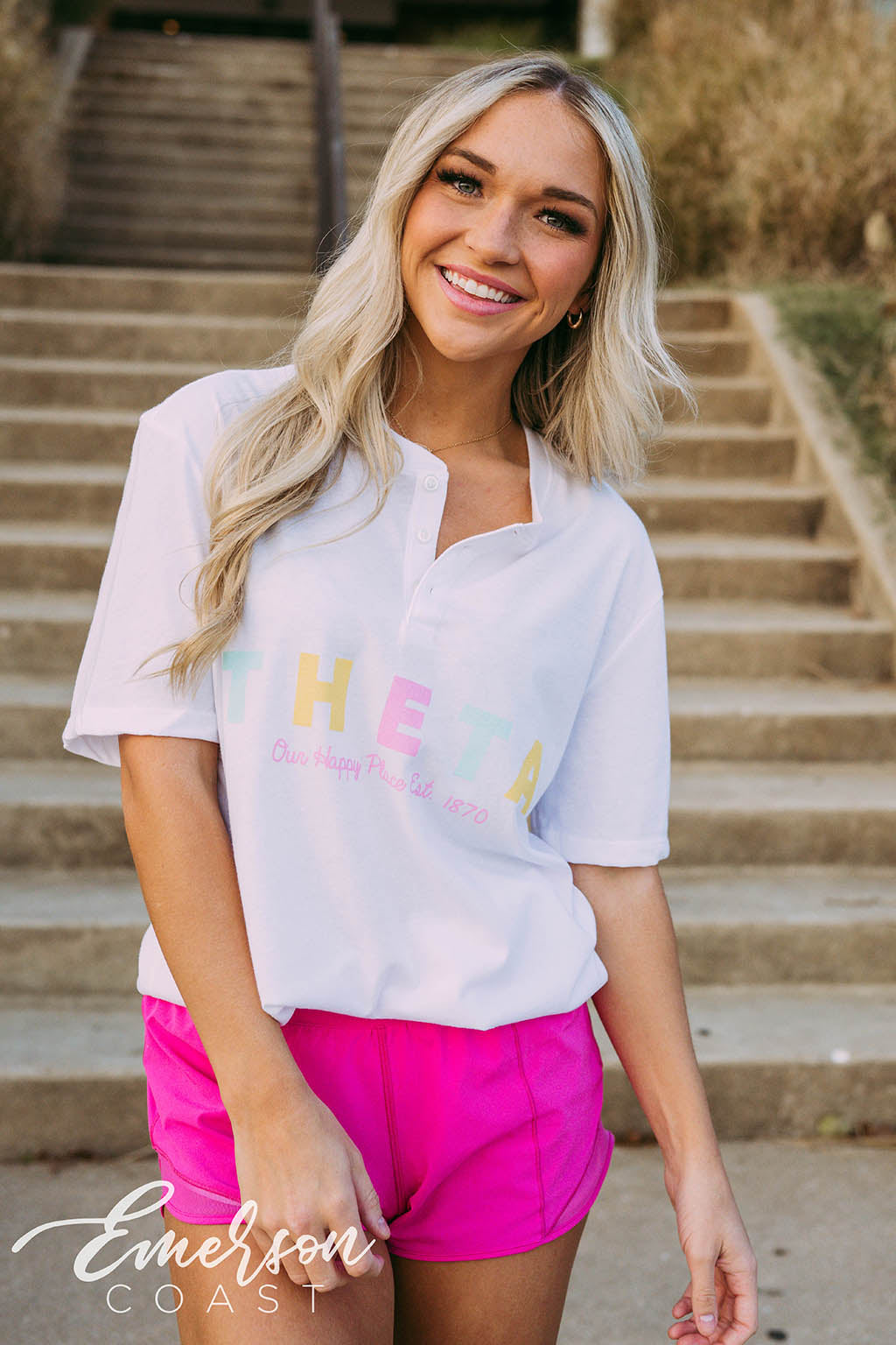 Kappa Alpha Theta PR Colorful Letters Henley Tee - Emerson Coast