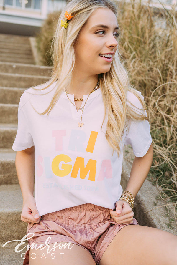 Tri Sigma PR Colorful Letters Notch Tee - Emerson Coast